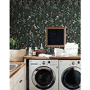 JiffDiff Floral Wallpaper Peel and Stick 118" x 17.3" Farm Floral Wildwood Stick onWall Paper Dark Self Adhesive Contact Paper Coverage 14.2 sq.ft