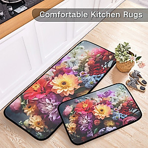 ZENWAWA Kitchen Mats 2 Pieces Set for Floor Bunch Vivid Flower Print, Non Skid Anti Fatigue Kitchen Rugs Cushioned Absorbent Comfort Floor Mats for Kitchen Sink