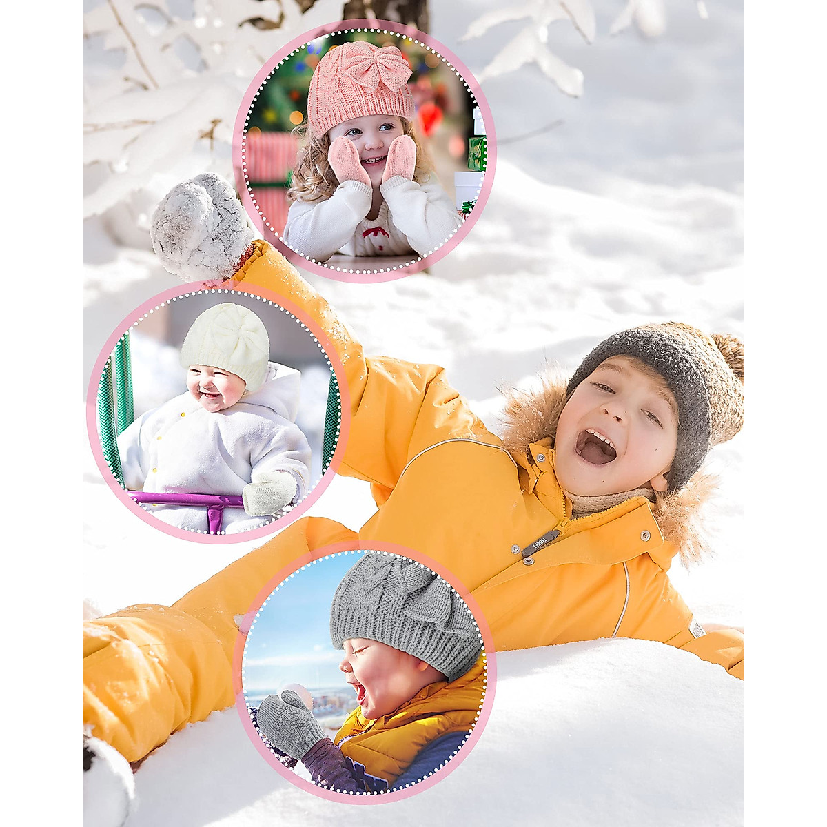 SATINIOR 6 Pieces Baby Winter Hats Infant Winter Warm Knitted Hat Gloves Set Toddler Beanie Mitten Gloves Set Newborn Baby Classic Beanie Warm Knitted Hats with Bow, Gray, White and Pink