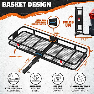 Mockins 60x20x6 Heavy-Duty Trailer Hitch Cargo Carrier 500lb Cap & 16 CuFt Soft Shell Waterproof Luggage Cargo Bag |Folding Hitch Cargo Carrier w/Net & Hitch Accessories |2" Receiver Hitch Cargo Rack