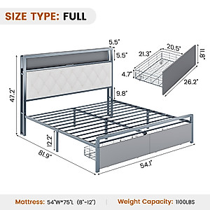 QFP Full Bed Frame,Bed Frame Full Size with Headboard and 2-Tier Storage,Metal Platform Bed Frame with 2 Drawers & Charging Station & LED Lights,Noise-Free/Metal Support/No Box Spring Needed,Grey