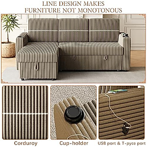 Corduroy Upholstered Reversible Sleeper Sectional Sofa with Pull Out Bed and Convertible Storage Chaise Lounge , 3 Seater Corner Couch Sofabed with 2 Cupholder and USB Charge Port for Living Room