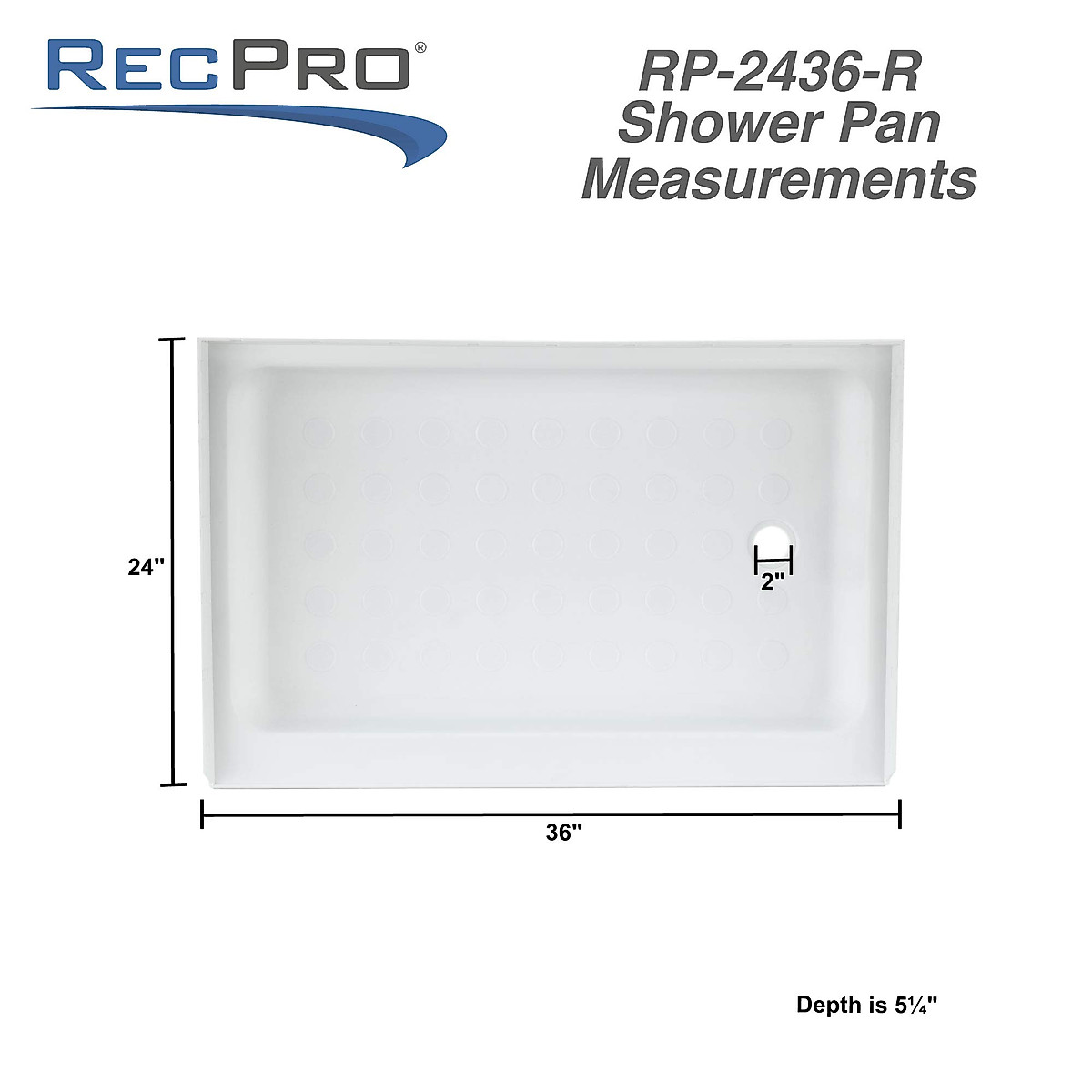 RecPro RV Shower Pan | 36" x 24" x 5" Right Drain in White | RV Shower Base | Camper Shower Pan