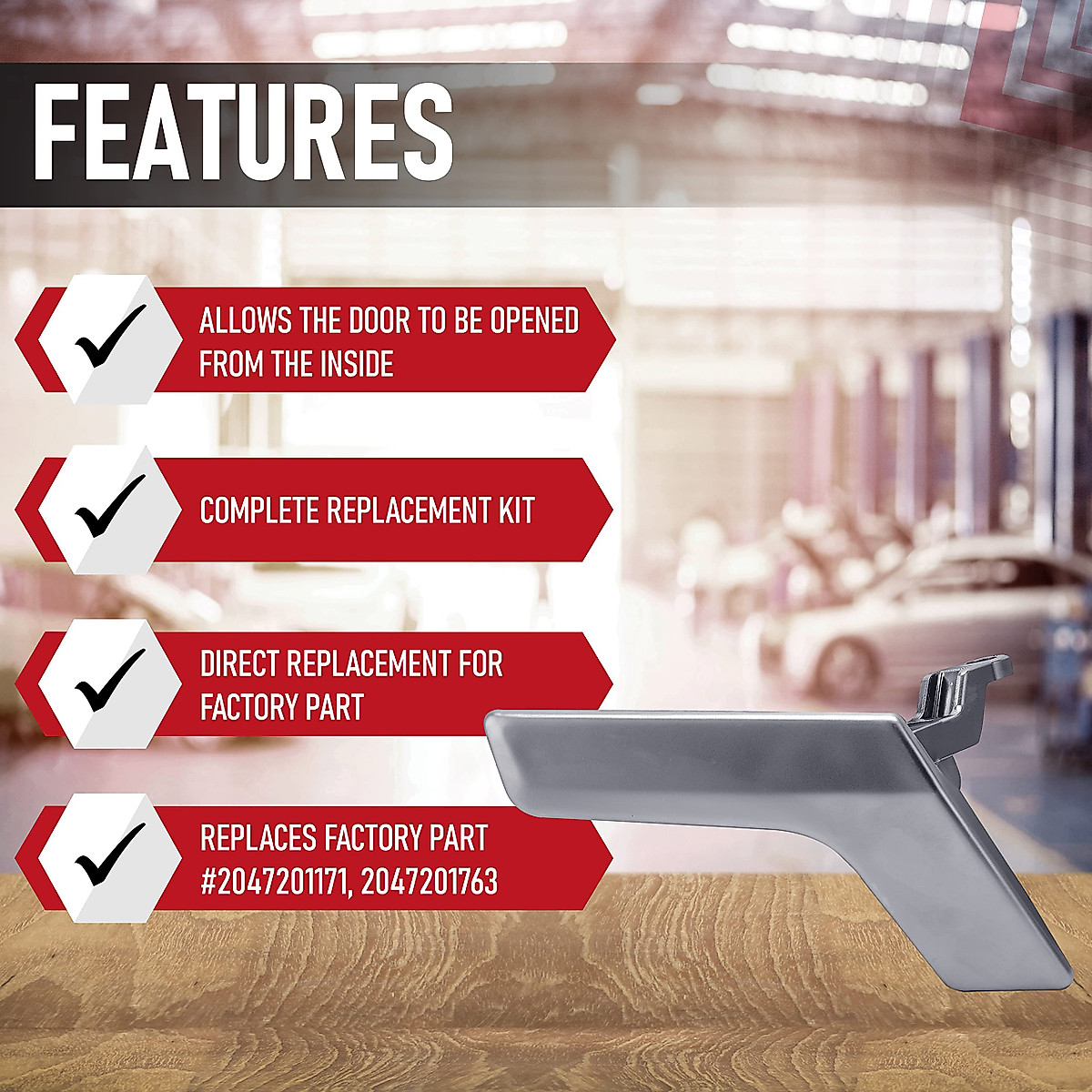 Interior Mercedes Door Handle Kit - Front Left or Rear Driver Side - Inner Handles Fit Mercedes-Benz Vehicles - W204, X204 C230, C250, C300, C350 - 2047201171, 2047201763, 2047202663 - Matte Silver