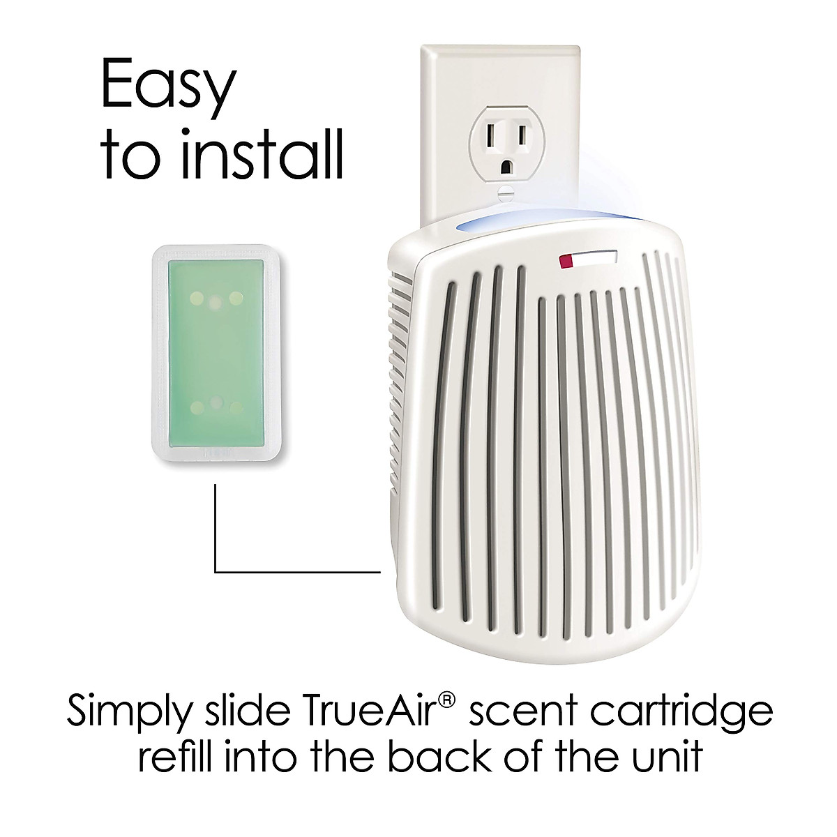 Hamilton Beach TrueAir Plug-Mount Air Freshener Odor Eliminator for Common Household-Tobacco, Pet, Bathroom & Trash, On/Off Fan, with Nightlight and Carbon Filter + Green Meadow Cartridge, White