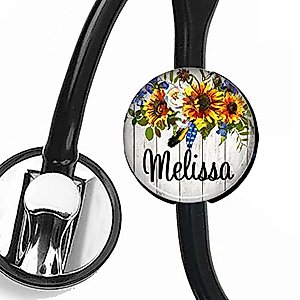 Stethoscope Tag - Rustic Sunflower and Blue Bell Floral - Personalized Name - Steth ID Tag/Nurse Badge