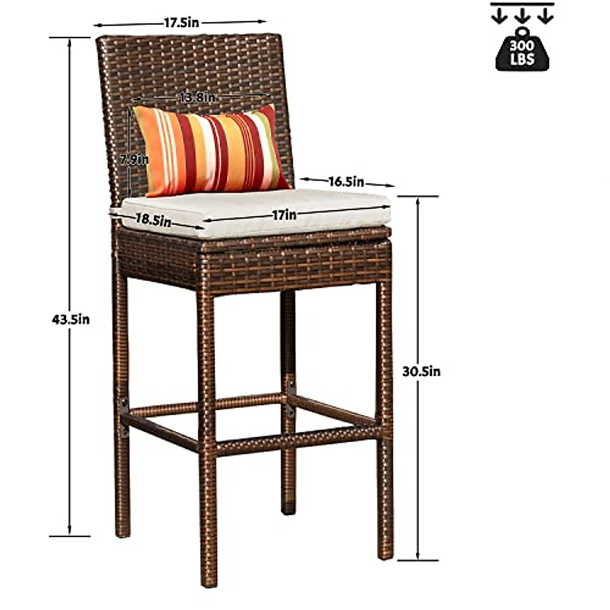 Sundale Outdoor Bar Stools 30 Inch Seat Height Set of 4, Patio Wicker Counter Stools with Back Rest, High Brown Rattan Chair with Pillow & Beige Cushion, All-Weather Armless Tall Pub Barstool
