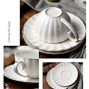 Yesland Set of 6 Royal Tea Cups and Saucers with Gold Trim, 8 Ounce White Porcelain Tea Set & British Coffee Cups, White Latte Cups and Espresso Mug for Specialty Coffee Drinks, Latte, Cafe Mocha, Tea