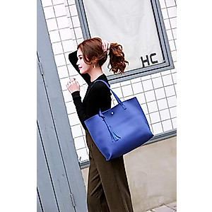 Dreubea Women's Soft Faux Leather Tote Shoulder Bag from, Big Capacity Tassel Handbag Royal Blue