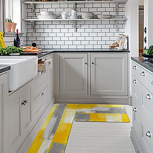 Debedcor Yellow Kitchen Rugs and Mats Set of 2, Oil Painting Non-Skid Yellow and Grey Bathroom Rugs, Kitchen Runner Geometric Rug Floor Mat for Sink/Laundry Room/Office, 15.7"x23.6"+15.7"x47.2"