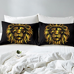 Castle Fairy Gold Roaring Lion Print Bedding Cover King Wild Animal King Comforter Sets for Adults Black Base 3 Pieces Duvet Sets(1 Duvet Cover 2 Pillow Cases),No Comforter