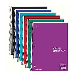 Office Depot Wirebound Notebook, 3-Hole Punched, 8in x 10 1/2in, 3 Subjects, Wide Ruled, 120 Sheets, Assorted Colors (No Color Choice), 05949