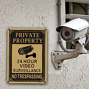 Amexiu Private Property No Trespassing 24 Hours CCTV Camera Video Surveillance Warning Sign | 10" x 7" Rust Free Aluminum Easy Mounting Fade Resistance, 2 Pack