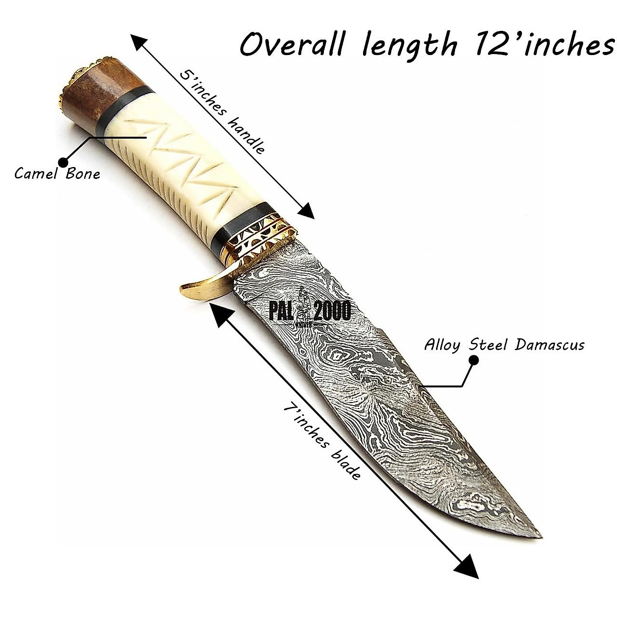 PAL 2000 KNIVES BOW-9482 Handmade Damascus Steel Fixed Blade Hunting Knife Camel Bone Handle with Sheath
