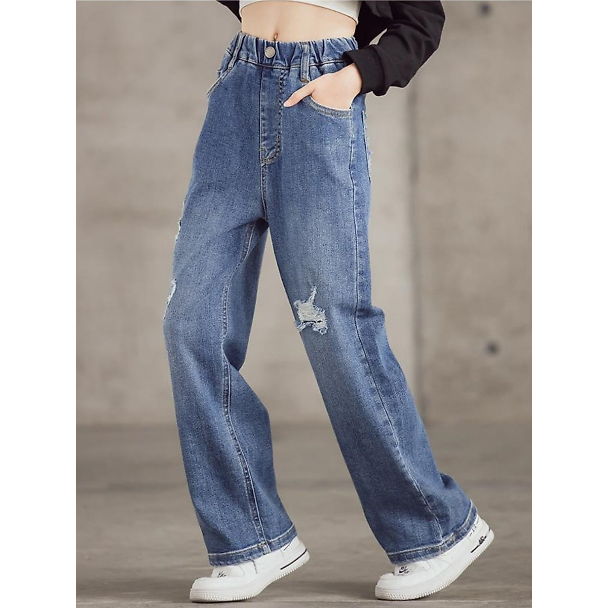 Rolanko Girls Skinny Ripped Jeans Mid-Rise Elastic Wide Leg Baggy Denim Pants for 4-14 Years (Blue Hole, 12-14)