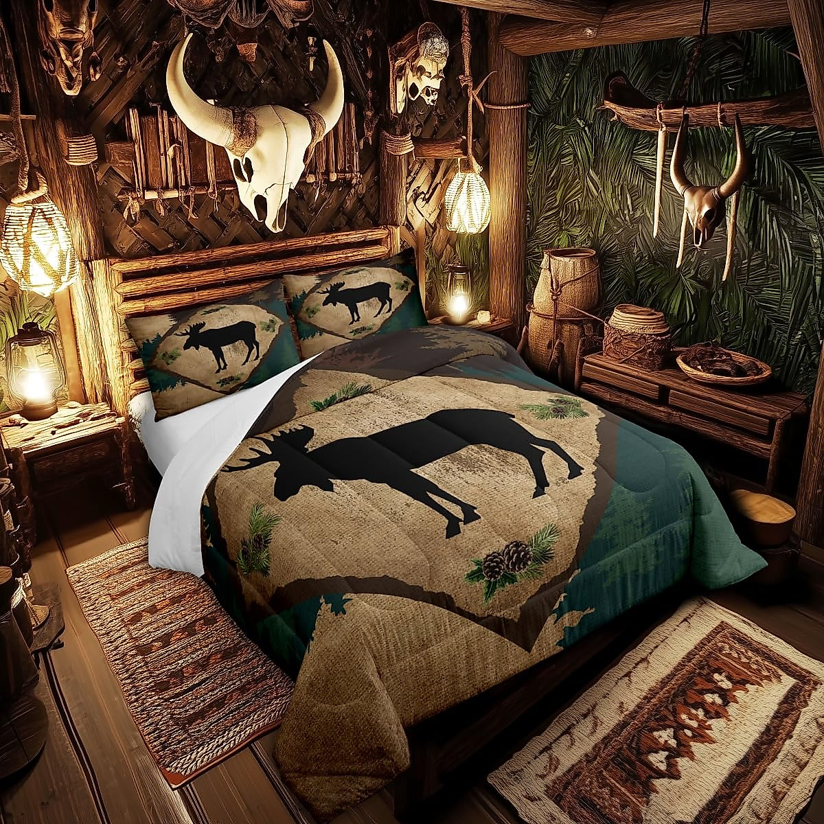 Homewish Lodge Cabin Comforter Set King Size 3 Pcs Wild Deer Antlers Outdoor Animal Comforter for Kids Teens Adults Pine Trees Retro Grid Rustic Style Bedding Set with 2 Pillowcases+1 Comforter