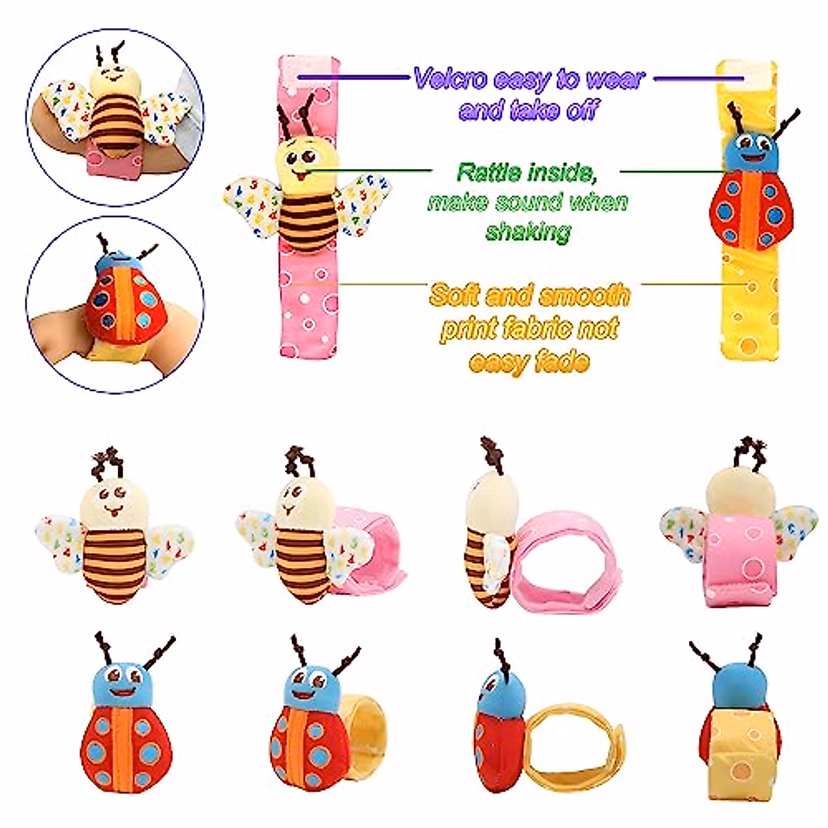 8 PCS Baby Rattle Toy Set, Wrist Rattles Foot Finder Rattle Sock, Arm Hand Bracelet Rattle, Feet Leg Ankle Socks,Present Gift for Newborn Infant Babies Boy Girl (8 pcs-A)