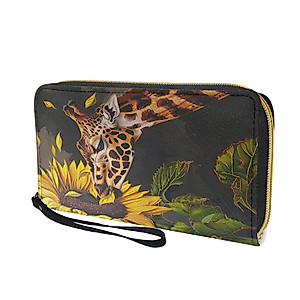 xixirimido Yellow Sunflower Giraffe Pattern Women's Wallet Handbags with Wristlet Pu Leather Bifold Cell Phone Coin Purse for Travel Work