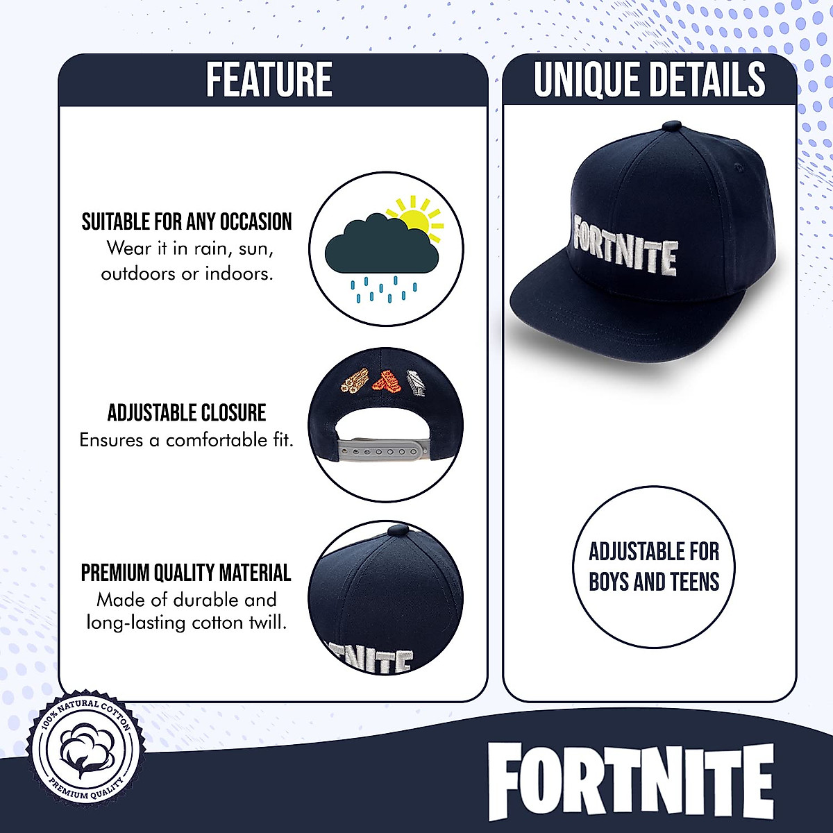 FORTNITE Baseball Cap for Boys, Quality Made Boys Hat and Fitted Cap, Flatbrim Baseball Hat with Sleek Design Navy