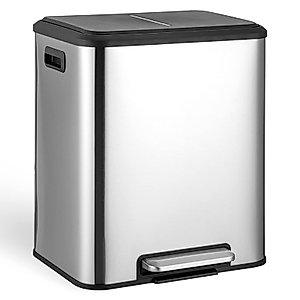 WELYFE 30 L/8 Gallon Trash Can, Rectangular Dual Compartment Recycling Step Bin, Stainless Steel Kitchen Trash Can, Removable Inner Box, Suitable for Kitchen, Office - Silver