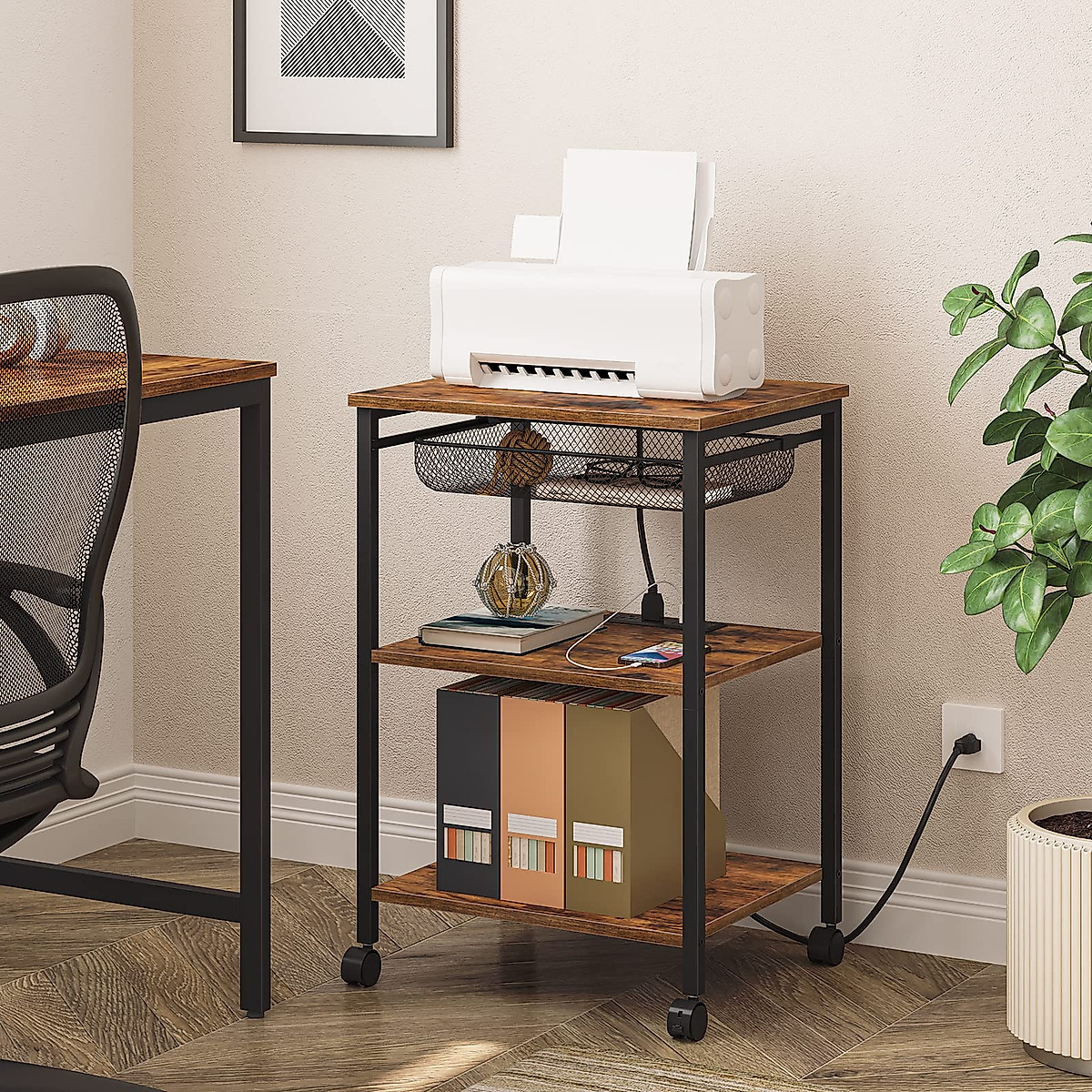 HOOBRO Printer Stand, 3 Tier Printer Cart with power outlet and USB Port, Industrial Printer Table Rolling Cart with Storage Drawer on Wheels, for Home Office, Rustic Brown and Black BF23UPS01