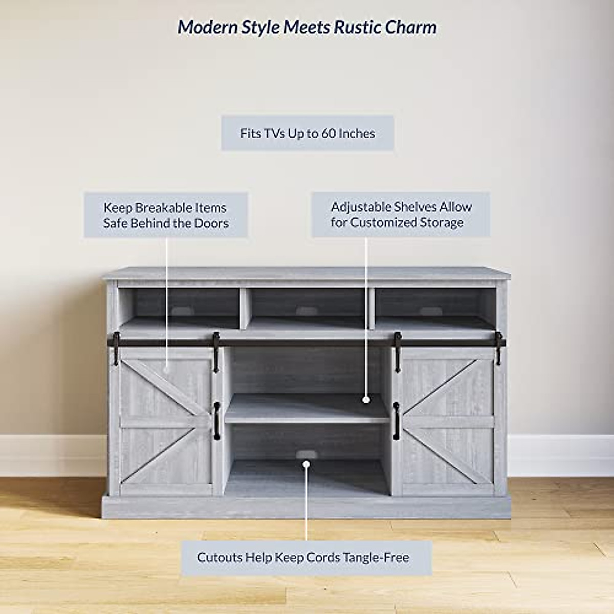 BELLEZE Modern 52 Inch Farmhouse Highboy TV Stand & Media Entertainment Center Console Table for TVs up to 55 Inch with Sliding Barn Door and Storage Cabinets - Parker (Stone Gray)