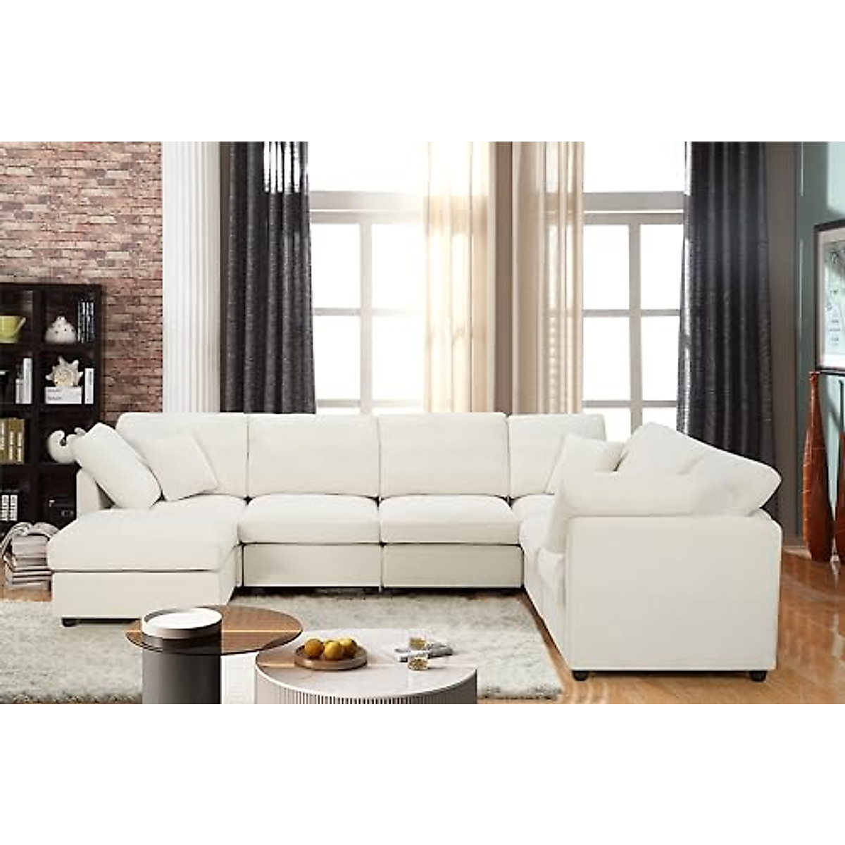 Oversized Modular Cushions Sectional Sofa Couch with Movable Ottoman ,L-Shaped Corner Low Back Deep Seat Spacious Sectional & Couch Convertible Sleeper Sofabed for House Apartment Living Room Sets