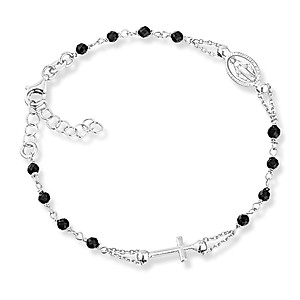 Miabella 925 Sterling Silver Italian Natural Black Spinel Rosary Cross Charm Bead Bracelet for Women, Adjustable Link Chain, Handmade in Italy (Length 6 to 7 Inch)