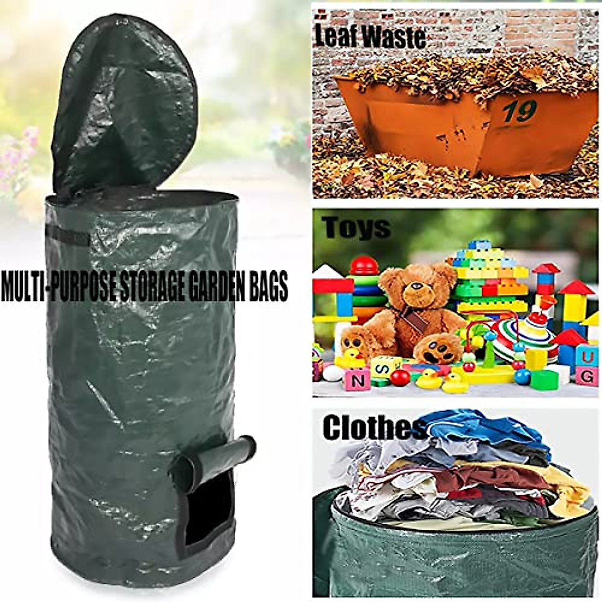 Garden Compost Bag, Outdoor Compost, Reusable Garden Waste Bag with Lid, Collapsible Leaf Lawn Bags (2 Pack 15 Gallon/34 Gallon Multifunction Gardening Container) Green