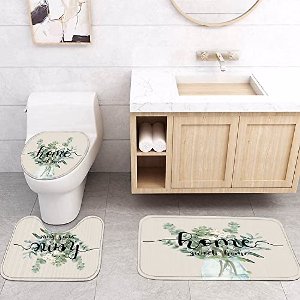FZDHHY Beige Shower Curtain Sets Home Sweet Home Shower Curtain Set with Rugs Rustic Bathroom Set with Rugs Cute Bathroom Decor Set