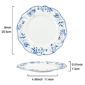 fanquare 8 Inch Blue Floral Porcelain Dessert Plates Set of 4, Scalloped Ceramic Salad Plates for Appetizer, Microwavable Plates