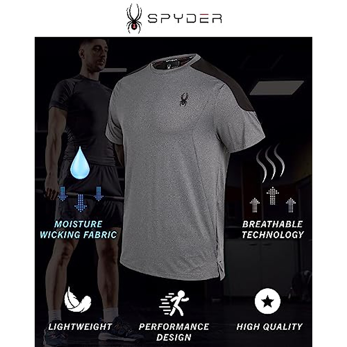 Spyder Men's Athletic T-Shirt - 2 Pack Dry Fit Short Sleeve Performance Sports Tee (S-XL), Size Large, Black/Grey