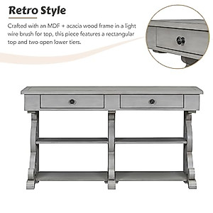 Brabrety Rustic Console Table Sideboard with Ample Storage, Open Shelves and Drawers,for Entrance Dinning Room Living Room (Antique Gray@Storage)