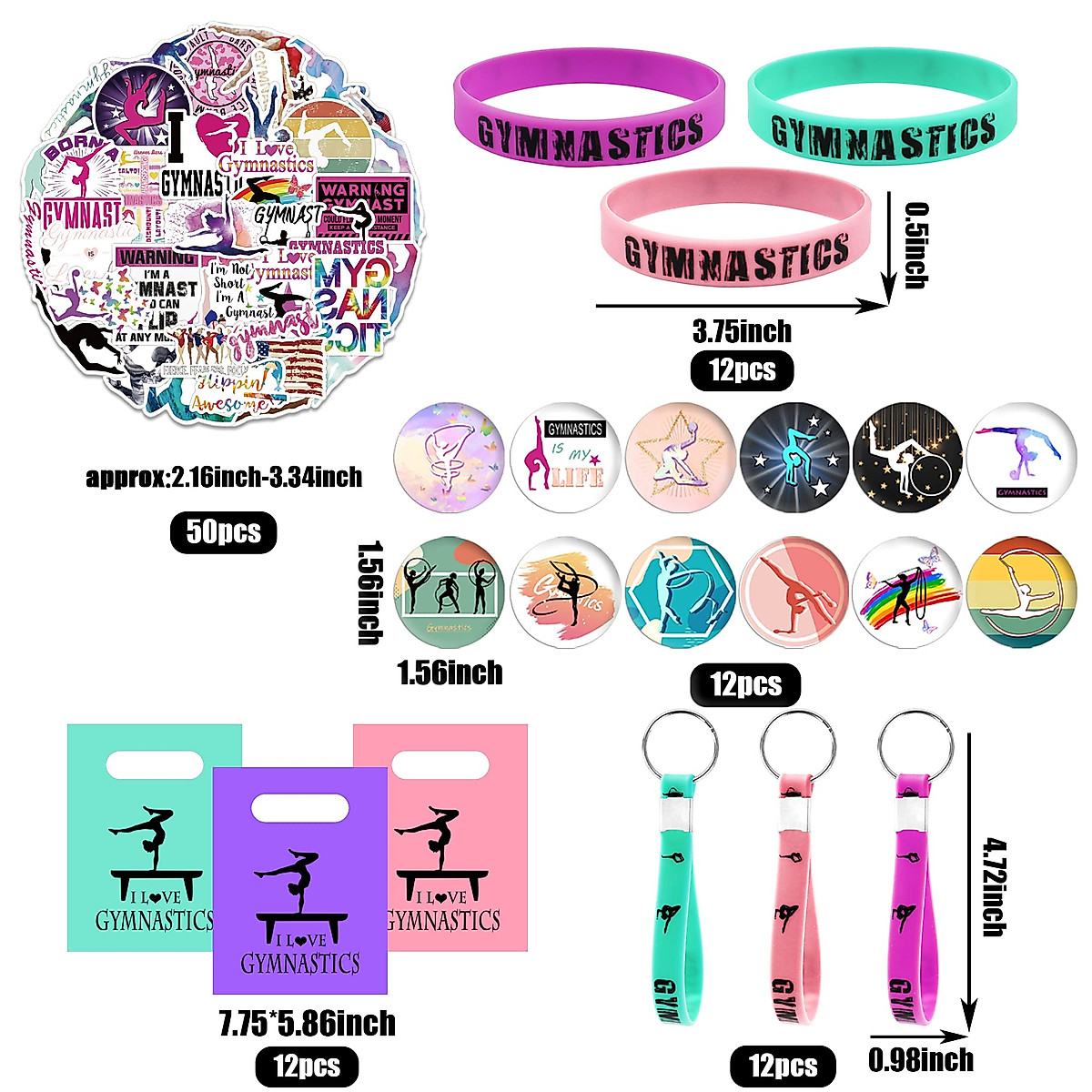 BANBALLON 98 Gymnastics Party Favors, Gymnastics Keychain Goodie Bags with Rubber Bracelets, Button Pins, Bags and Stickers for Gymnastics Theme Birthday Party Supplies Baby Shower Holiday