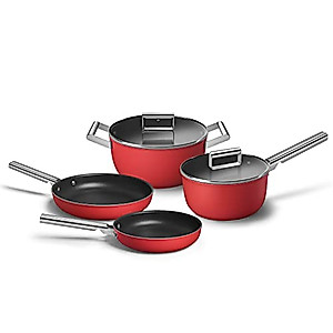 Made in Italy SMEG 6 PC Cookware Set, Red, 9'5" Frypan, 3 Qt Sauce pan 11" Frypan, 5 Qt Casserole Pan