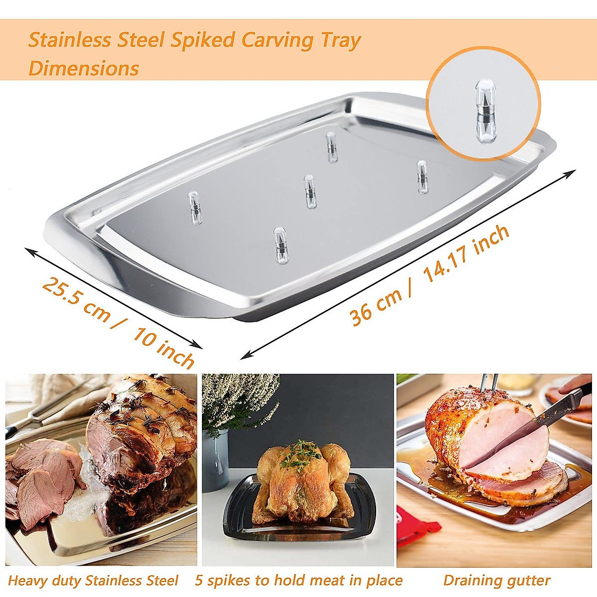 Stainless Steel Spiked Roast Chicken Carving Dish Tray, Turkey Meat Serving, Stainless Steel Carving Knife Fork Set for Meat Turkey(Carving Tray Knife Fork)