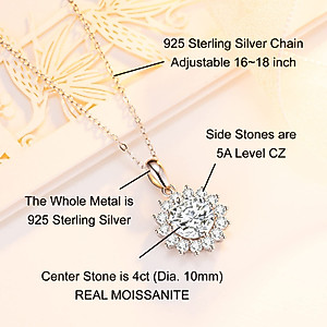 SecreTalk 1-4CT Moissanite Pendant Necklace for Women, Sunflower 18K White Gold Plated Silver Diamond Necklace Gift for Wife Mother Her (4CT)
