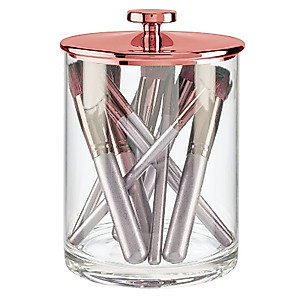 mDesign Large Modern Apothecary Storage Organizer Canister Jars - Plastic Containers for Bathroom, Organization Holder for Vanity, Counter, Makeup Tables, Lumiere Collection, 4 Pack, Clear/Rose Gold