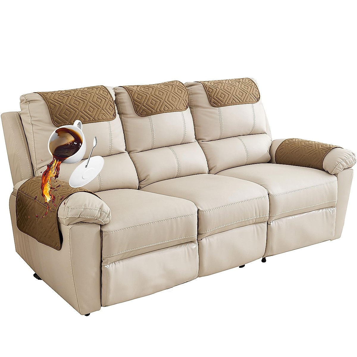 Sofa Armrest Cover, Headrest Cover for Recliner Chair Arm Cover, Armchair Slipcover with Pockets, Nonslip Quilted Furniture Protector for Pets Leather Sofa Couch (Khaki(Style B),3 Seater(5pcs))