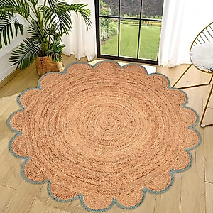 4x4, 5x5, 6x6, Natural Jute Scallop Round Rug, Floor Scalloped Edge Rug Braided Boho Eco Large Circular Handmade Area Rugs (6x6 Ft Round Rug)