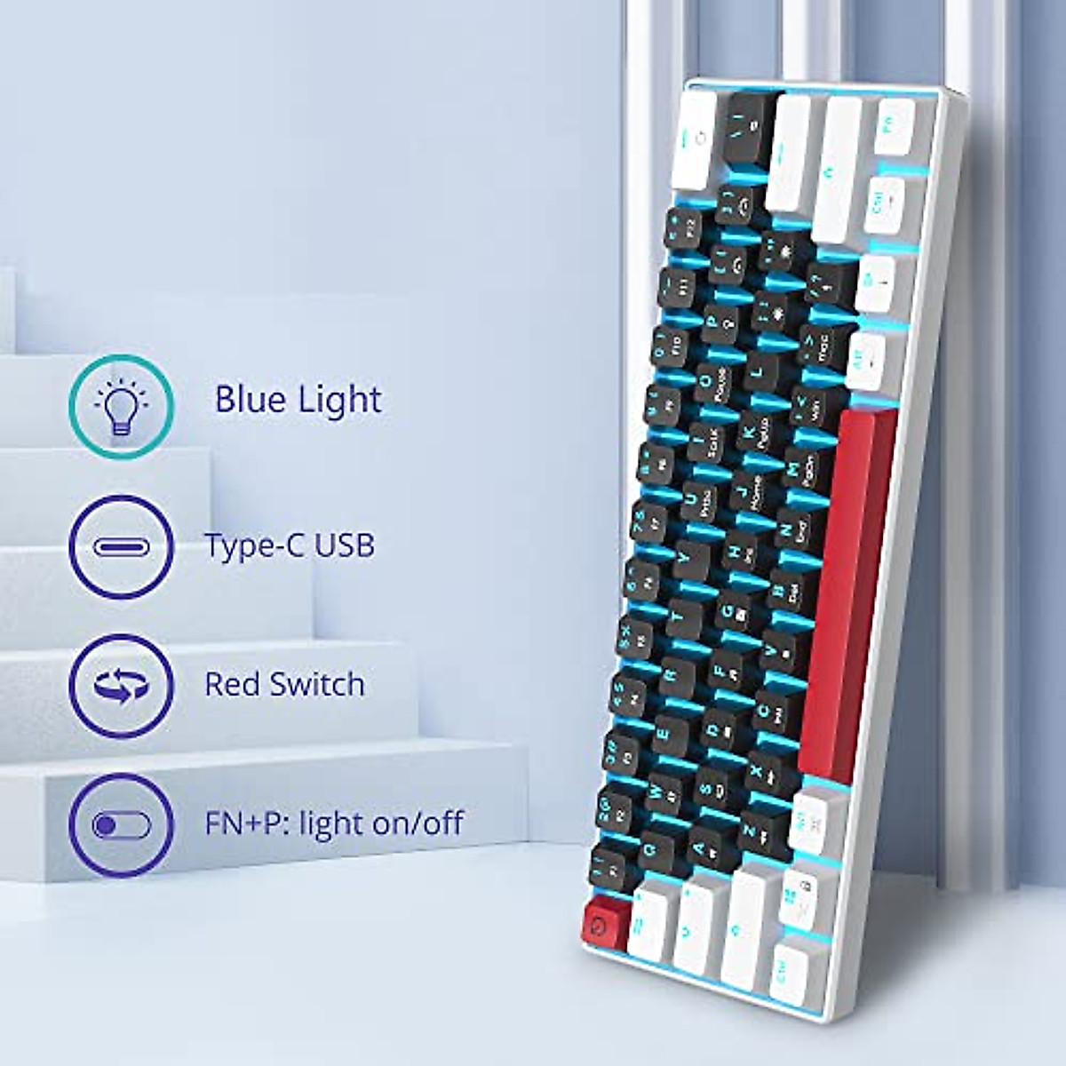 Ussixchare 60 Percent Mechanical Keyboard Mini Gaming Keyboard 60% with Red Switch Wired Type-C Cable Mini Keyboard with LED Backlight for Laptop/PC/Mac/PS5/PS4/Xbox Gamer(White-Black)