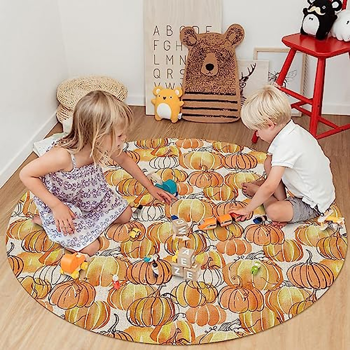 Abstract Pumpkins Round Area Rug 3ft,Washable Outdoor Indoor Carpet Runner Rug for Bedroom,Kitchen,Living Room,Office,Area+Rug Small Bath Door Desk Floor Mat Thanksgiving Fall Minimalist Geometry