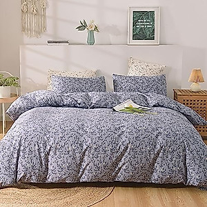 Lekesky Cotton Duvet Cover Set 100% Washed Cotton Queen Size Floral Printed Bedding Duvet Cover Set Garden Style Comforter Cover Set 3 Pcs Soft Bedding Set with Zipper Closure and 4 Ties