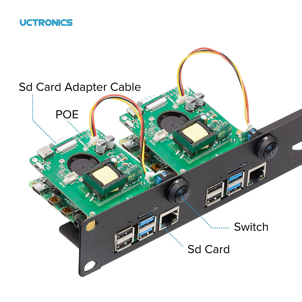 UCTRONICS Compact 1U Rack with PoE Functionality for Raspberry Pi 4B, 19" 1U Rackmount Supports 1-6 Units with PoE HAT, Power Switch, and SD Card Adapter