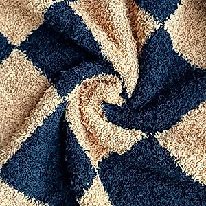 Fuzzy Checkered Throw Blanket Soft Cozy Lightweight Warm Reversible Blanket Preppy Aesthetic Decor for Couch,Chair,Sofa,Bed (Black/Camel, 51"x63")