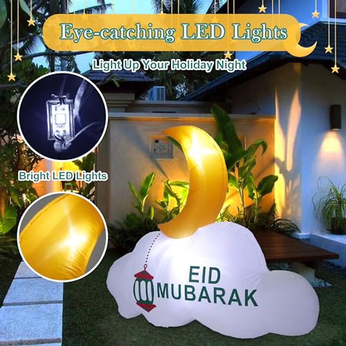 Dawdix 5FT Ramadan Inflatable Decorations, Eid Mubarak Inflatable Crescent Moon Decoration, Blow Up Ramadan Mubarak Yard Decor with LED Lights for Muslim Holiday Party, Garden
