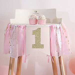 WAOUH Pink Highchair Banner - High chair Banner Decoration for First/1st Birthday, Cake Smash Photo Prop, Baby Girl Shower Anniversary Party, Gold one Birthday Sign.