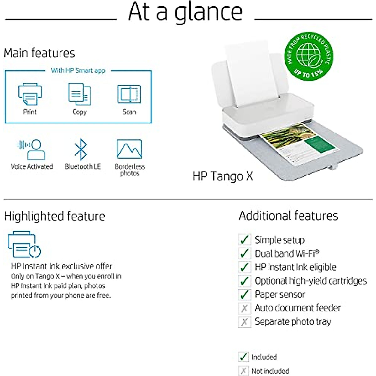 PC Universal Tango X Smart Wireless Printer with Indigo Linen -Cover – Mobile Remote Print, Scan, Copy, HP Instant Ink 3-Port USB Charger