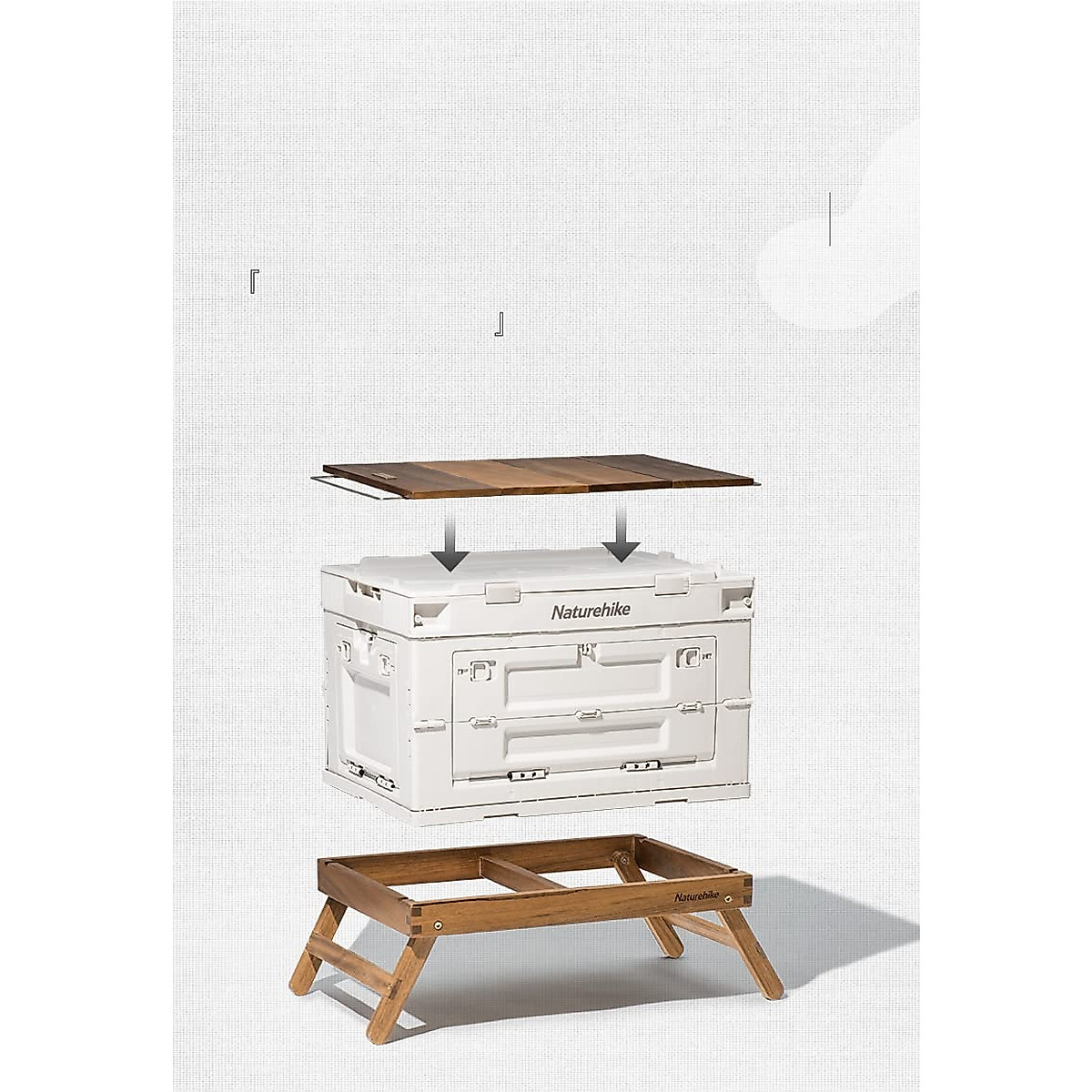 Tentock Storage Box with Wooden Table and Bracket, Collapsible Stackable Storage Bin Container Foldable Outdoor Multifunctional PP Plastic Bins For Camping Backpacking (Walnut Bracket-50L)