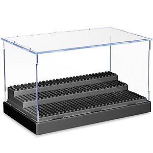 KKU Display Case for Minifigure Action Figures Blocks, Acrylic Minifigure Display Case Box Storage with 3 Movable Steps Gift for Kids Adults (Black, 1 Pack)